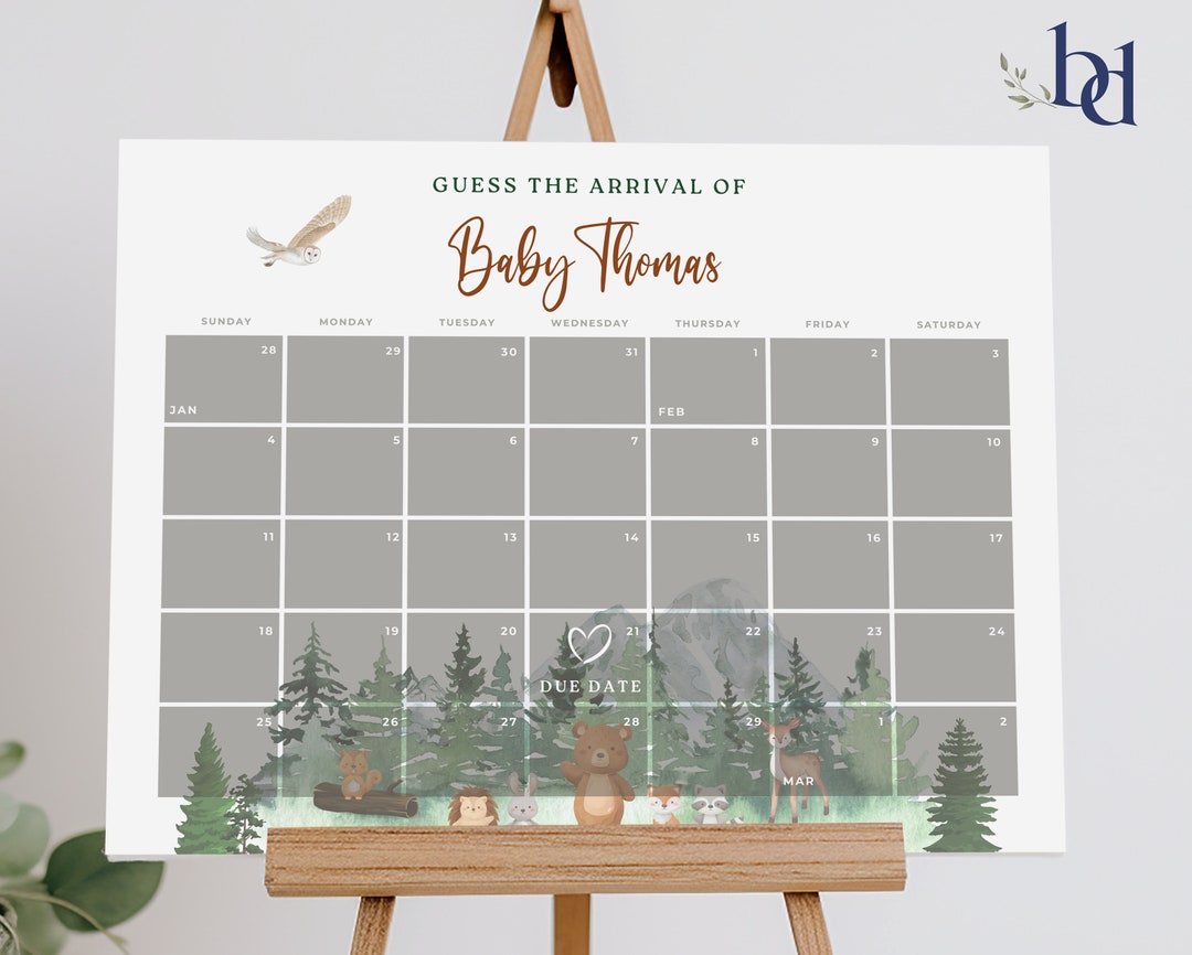 Woodland Due Date Calendar Template, Editable & Printable Animals Baby ...