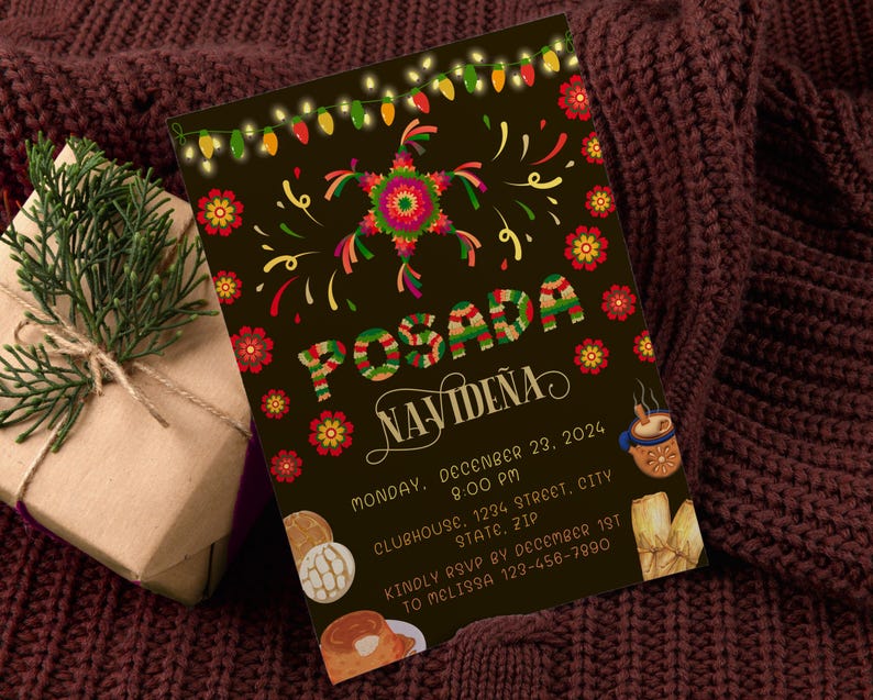 Plantilla de invitación para posada navideña, invitación editable e imprimible para reunión ...