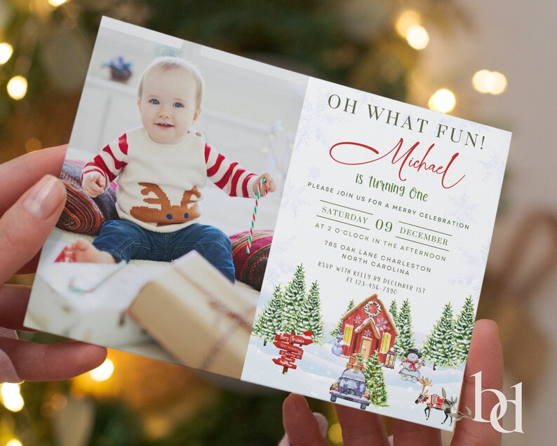 Christmas First Birthday Invitation Template, 1st Birthday Card Invite ...