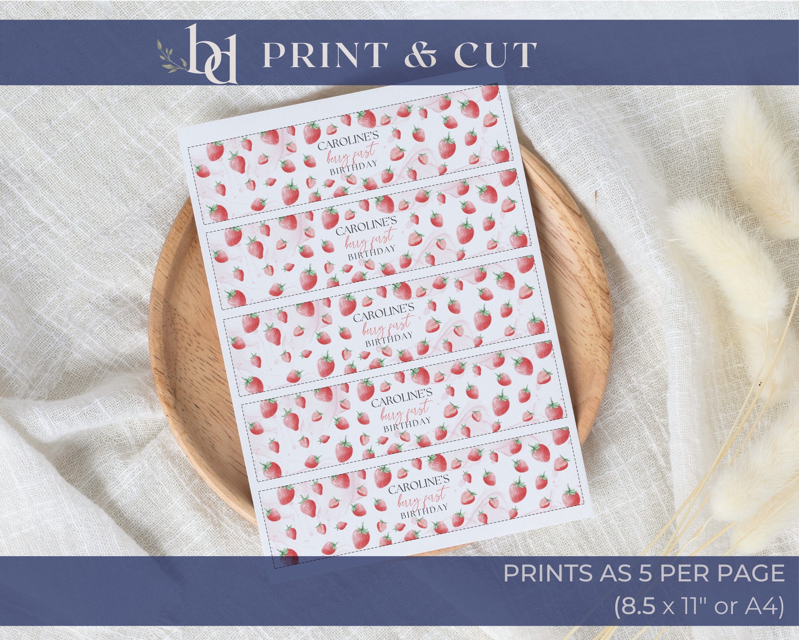 Berry Water Bottle Labels Template, Editable Strawberry First Birthday ...