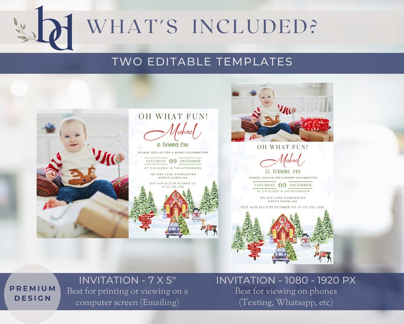 Christmas First Birthday Invitation Template, 1st Birthday Card Invite ...