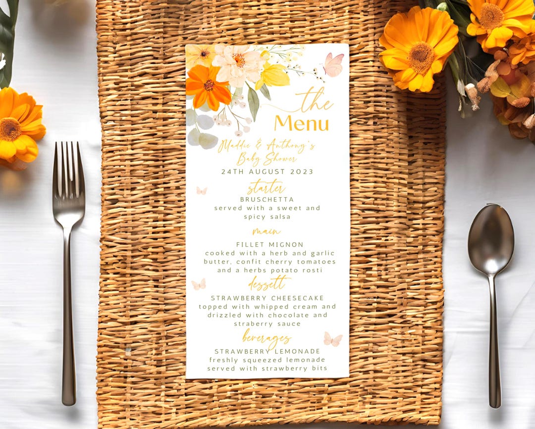 Baby in Bloom Menu Card Template, Wildflower Baby Shower Menu Template ...