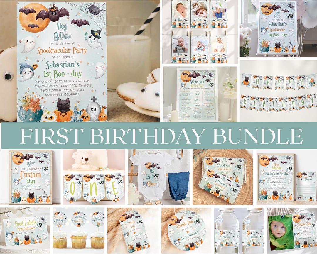 Hey Boo Birthday Invitation Bundle, Printable & Editable Cute Ghost 1st ...
