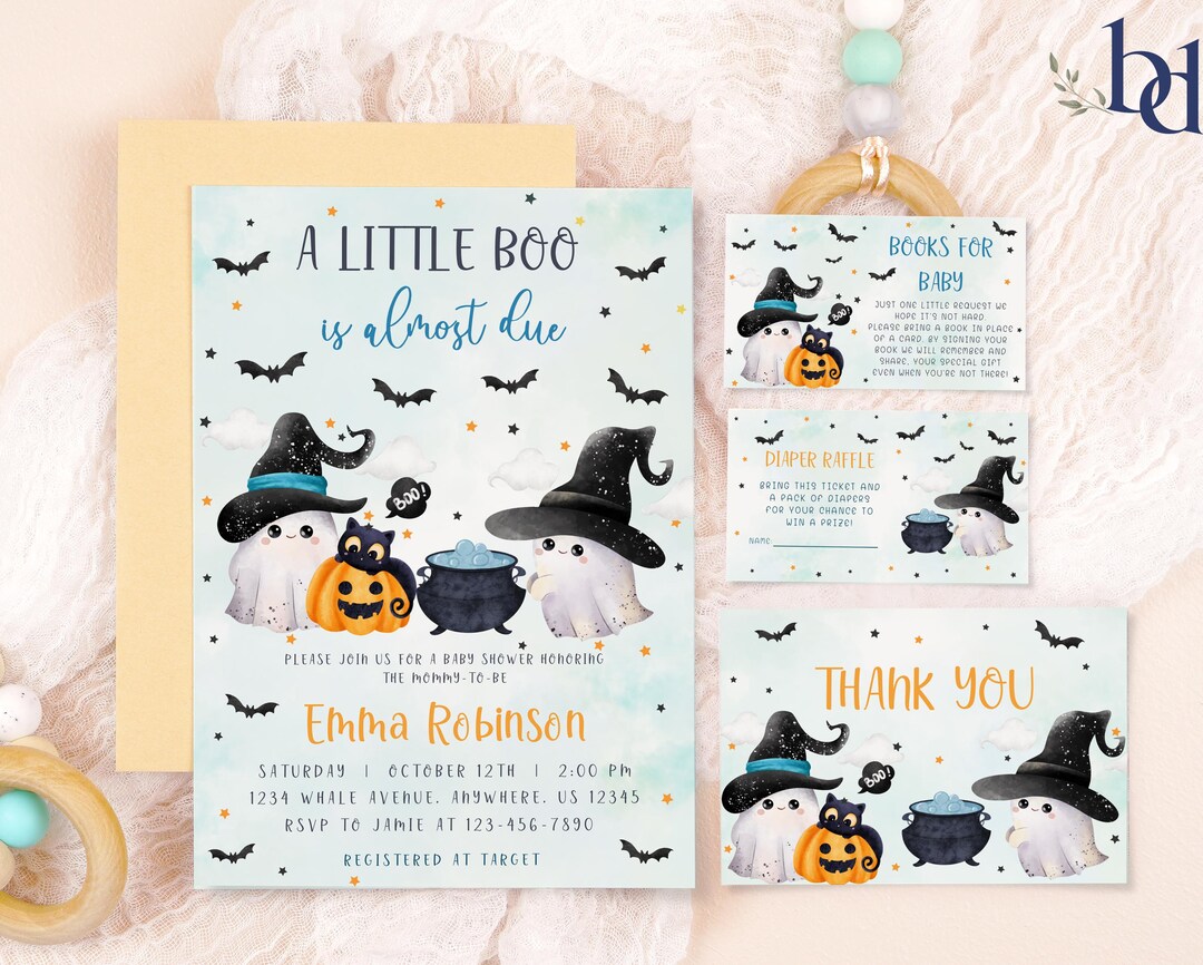 Little Boo Baby Shower Invitation Set Template, Editable & Printable ...