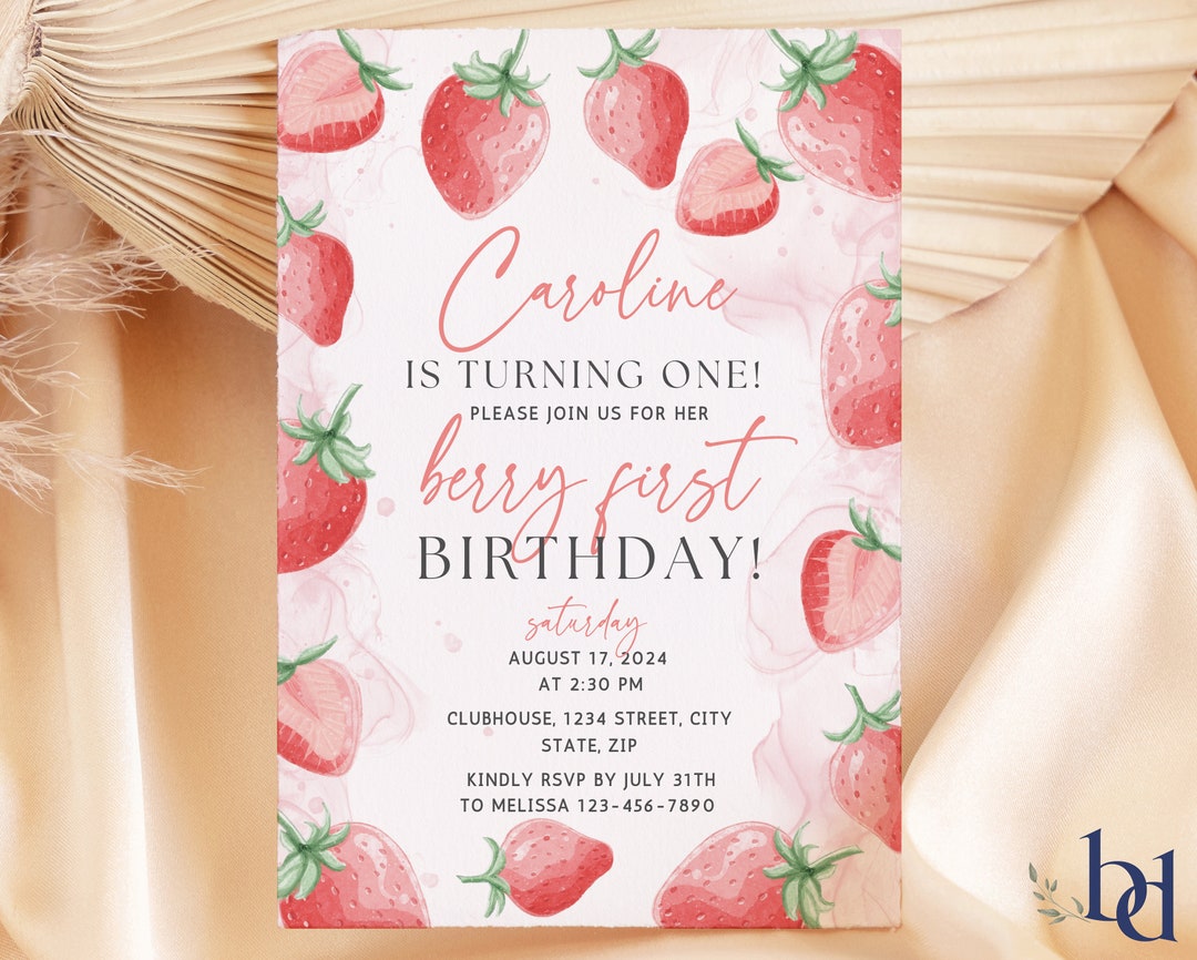 Berry First Birthday Invitation Template, Strawberry 1st Birthday Girl ...