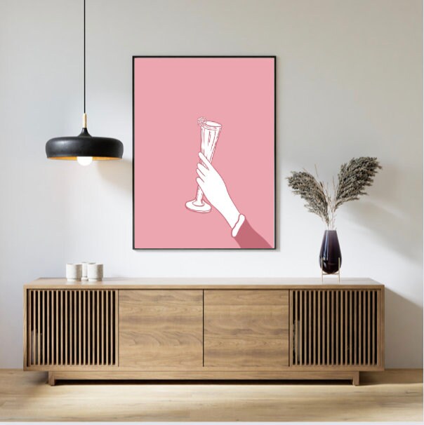 Hand Drawn Pink Cocktail Poster, Funky Bar Art, Pink Drink Artwork ...