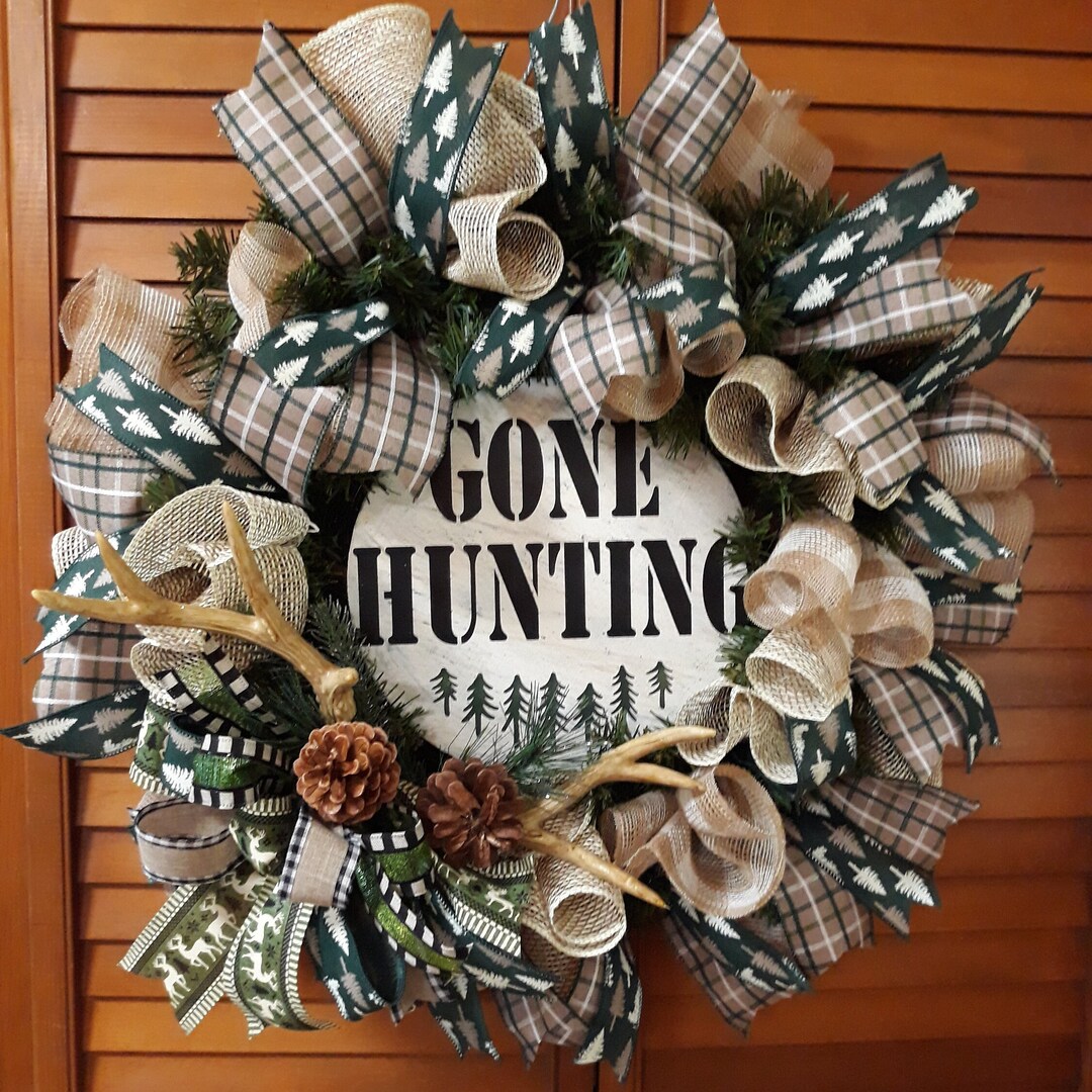 Rustic Fall Hunting Wreath, Cabin Decor, Gone Hunting Lodge Wreath ...