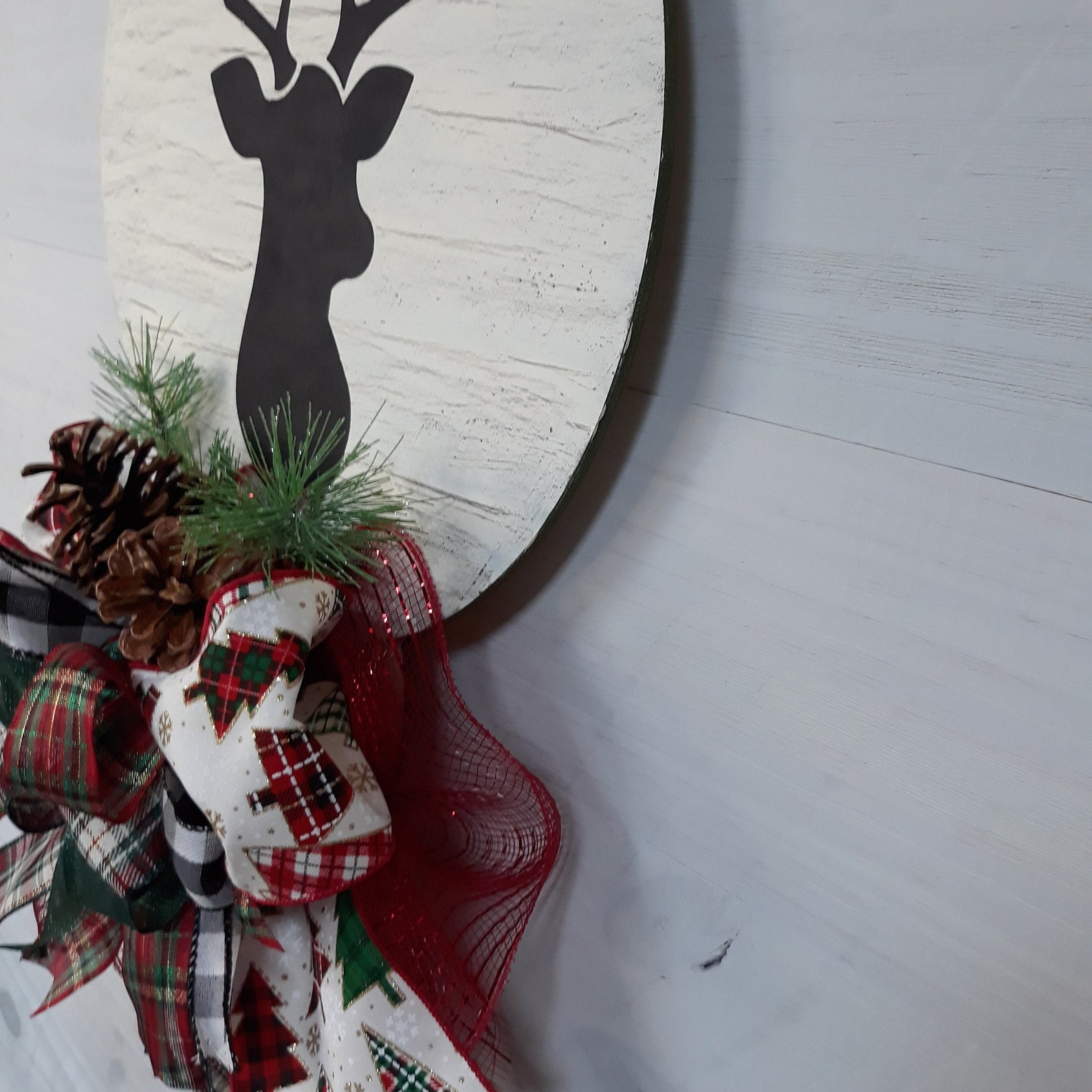 Rustic Lodge Deer Door Hanger, Red and Black Ribbons Set off This Home ...