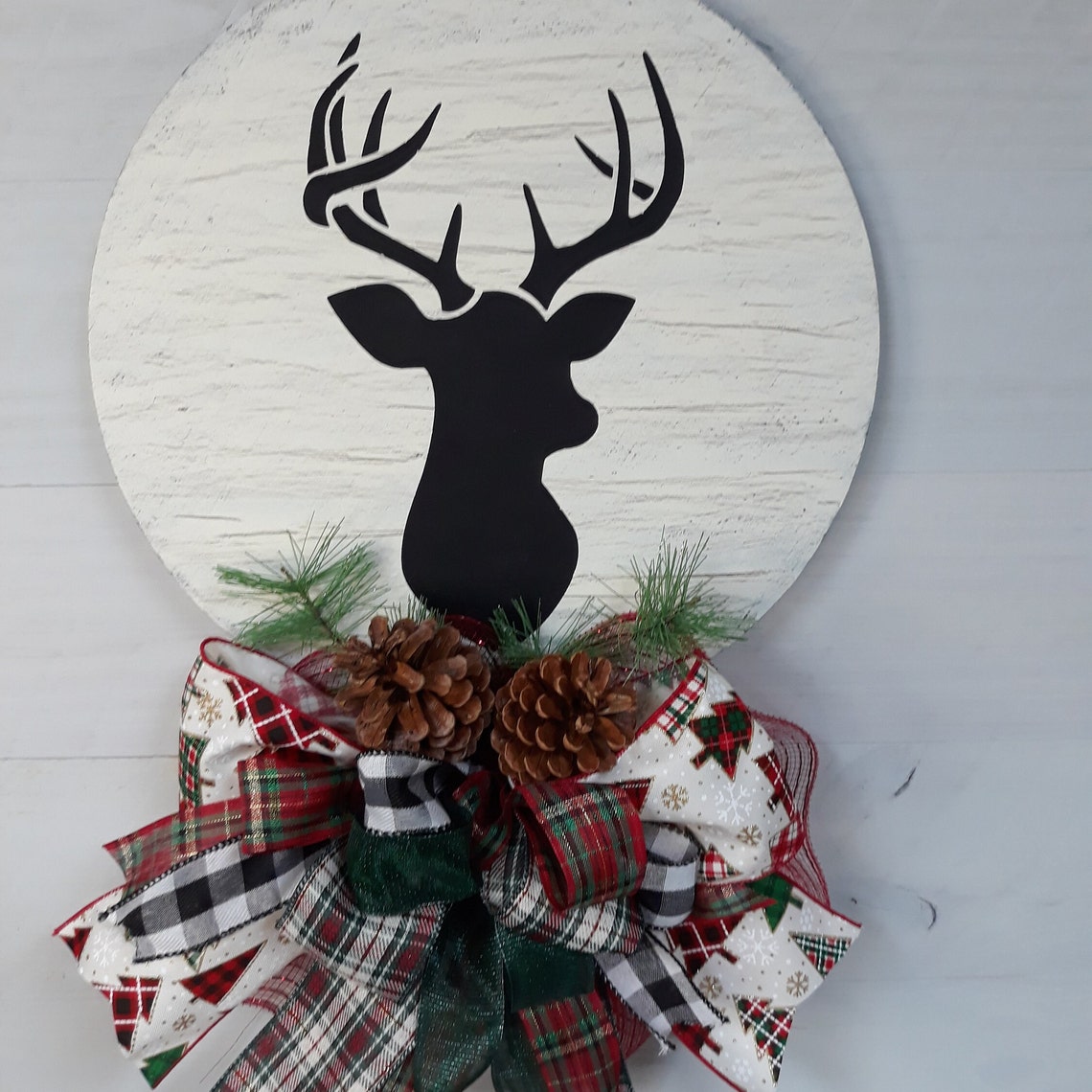 Rustic Lodge Deer Door Hanger, Red and Black Ribbons Set off This Home ...