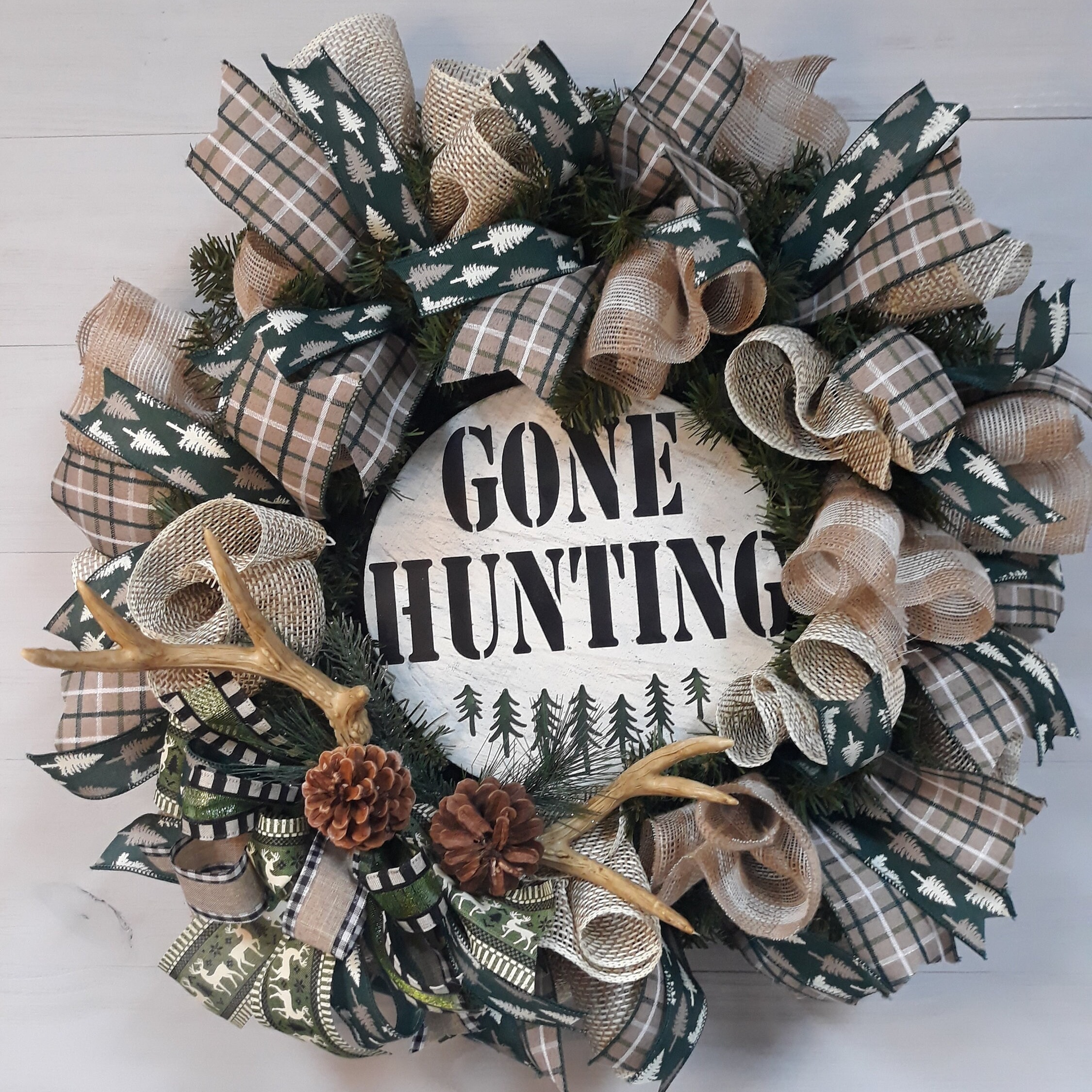 Rustic Fall Hunting Wreath, Cabin Decor, Gone Hunting Lodge Wreath ...
