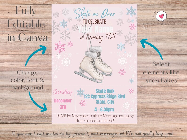 Editable Ice Skating Kids Birthday Invitation Template, Printable ...