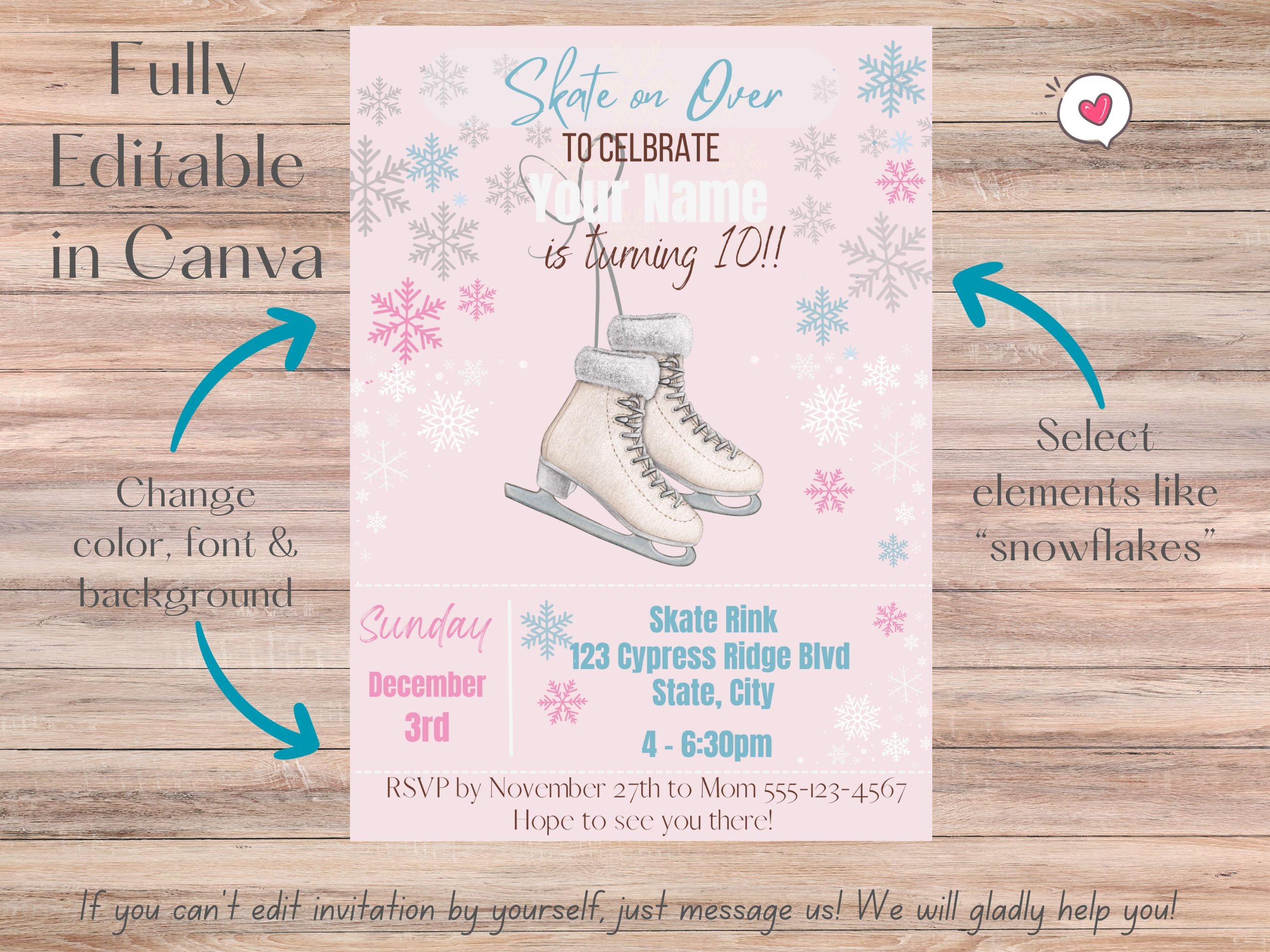 Editable Ice Skating Kids Birthday Invitation Template, Printable ...