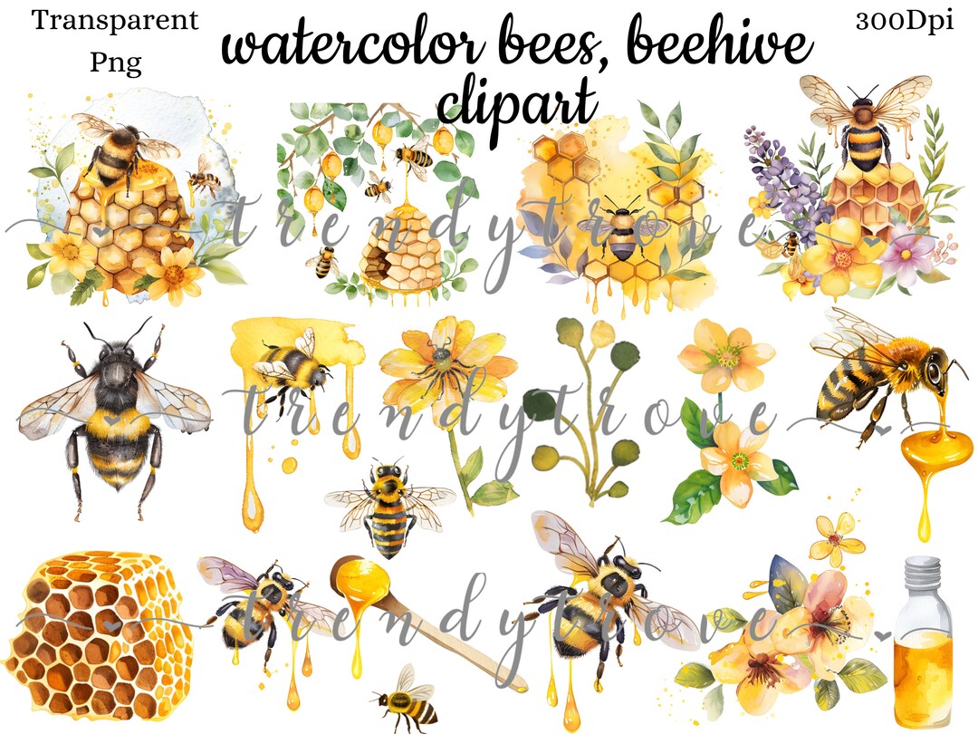 Watercolor Honey Bee Clipart, Spring Garden Bee and Honey Drips Clip ...
