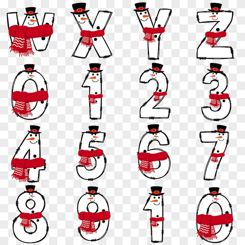 Snowman Alphabet Doodles, Uppercase and Lowercase, Fonts, Numbers, PNG ...