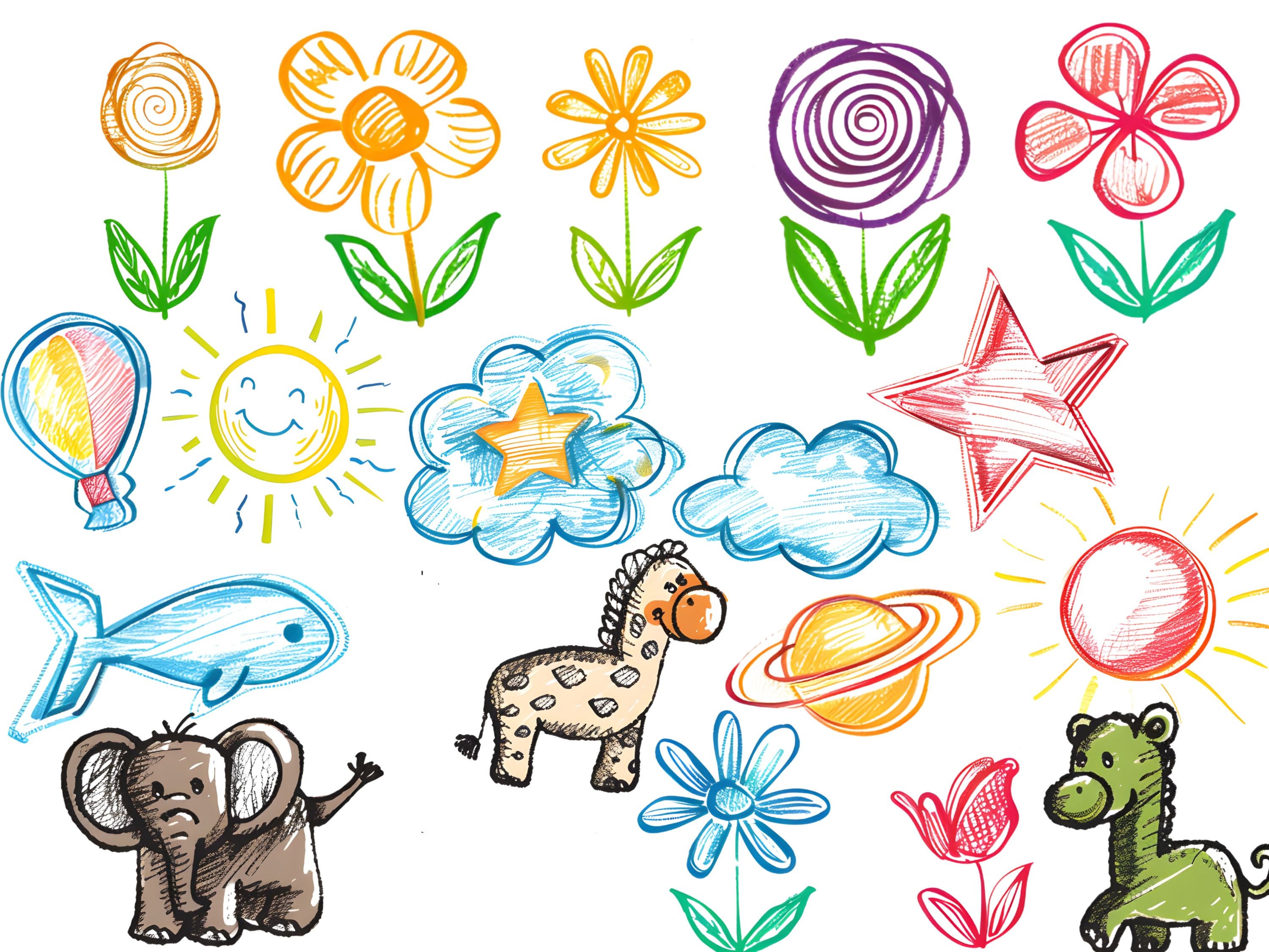 Random Scribble Doodle Clipart, Animals, Hearts, Flowers for Commercial ...