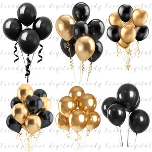 Black and Gold Balloon Clipart: Elegant Party PNG Bundle (digital ...