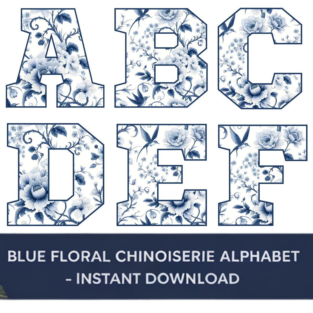 Blue Floral Chinoiserie Alphabet PNG: Vintage Porcelain Letters ...