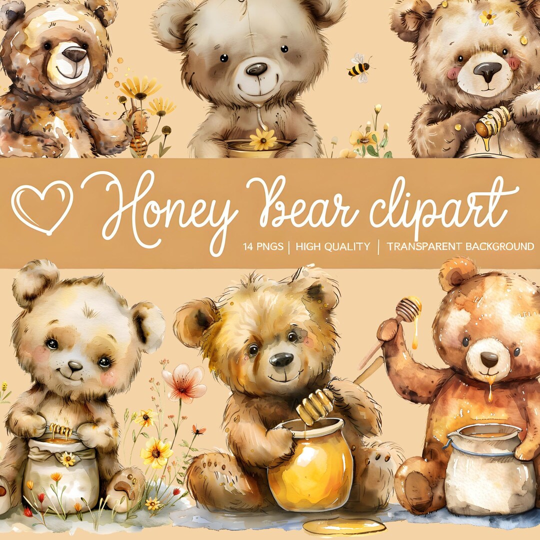 Honey Bear Clipart, Cute Teddy Bear PNG, Woodland Animal, Baby Shower ...