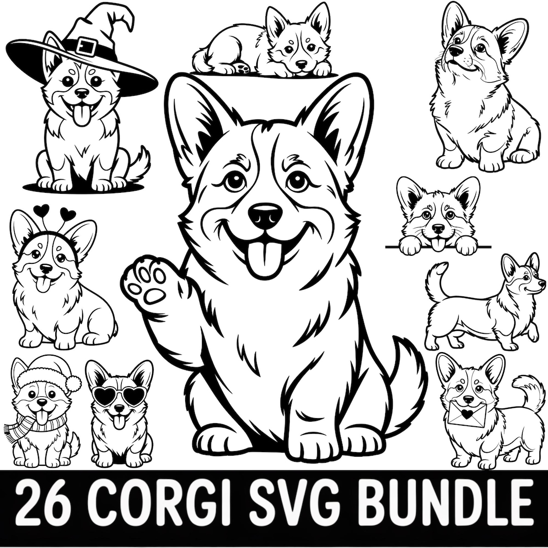 26 Corgi Dog SVG Bundle – Black Outline Cut Files ZIP - Etsy