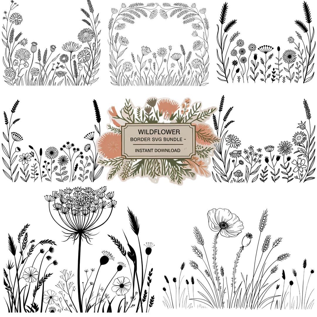 Wildflower Border SVG Bundle: Botanical Line Art Frames (digital ...
