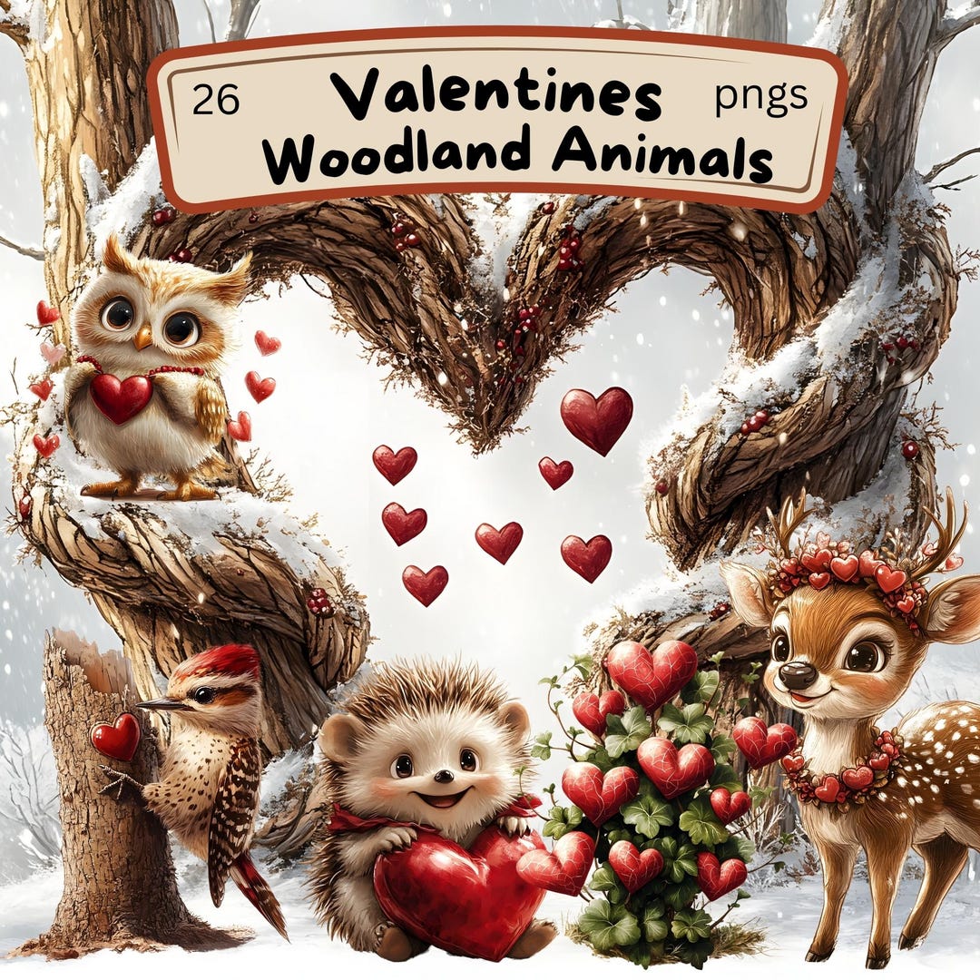 Valentine’s Woodland Animals Clipart, Cute Forest Creatures, Winter ...