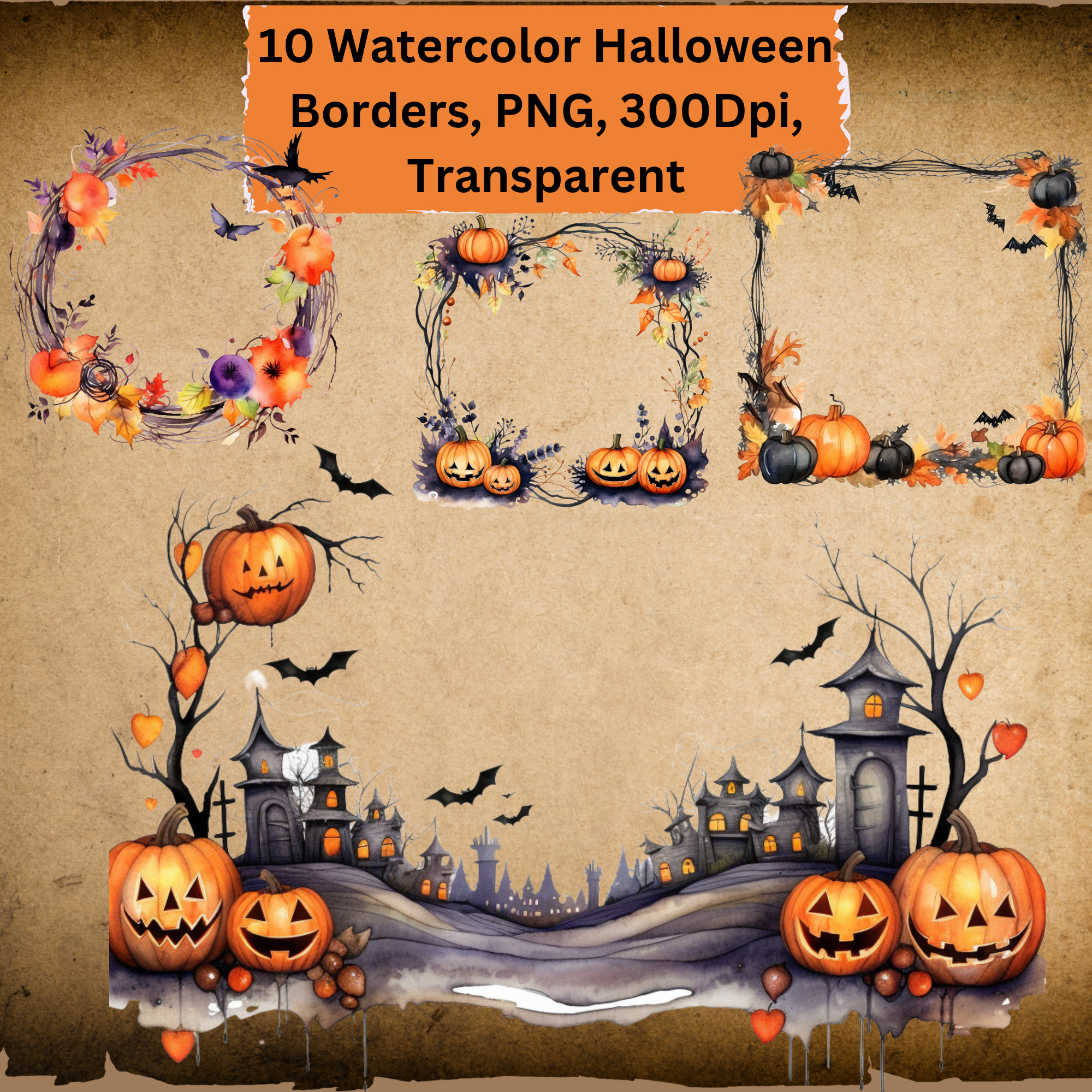Watercolor Halloween Borders Clipart Set Spooky Decor - Etsy