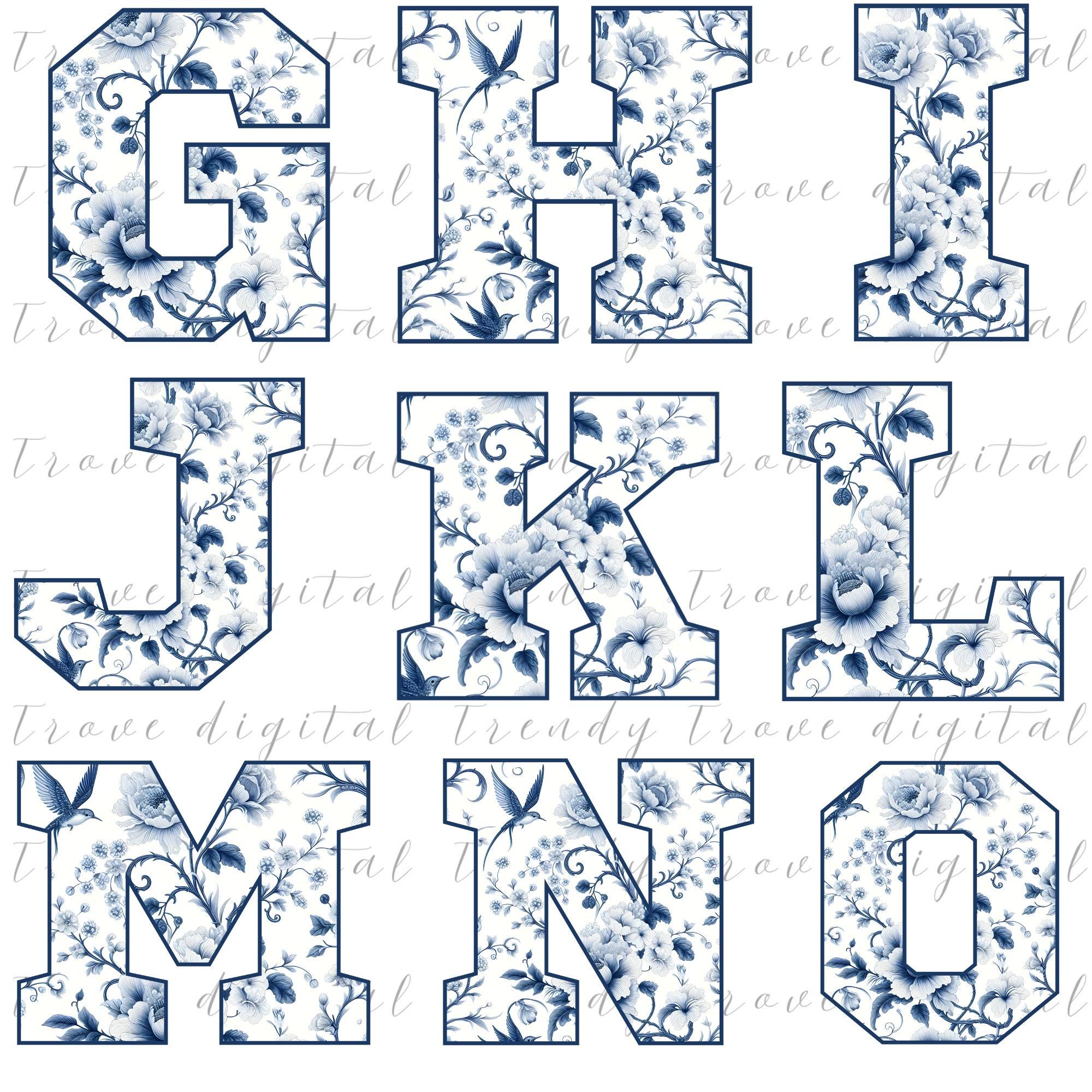 Blue Floral Chinoiserie Alphabet PNG: Vintage Porcelain Letters ...
