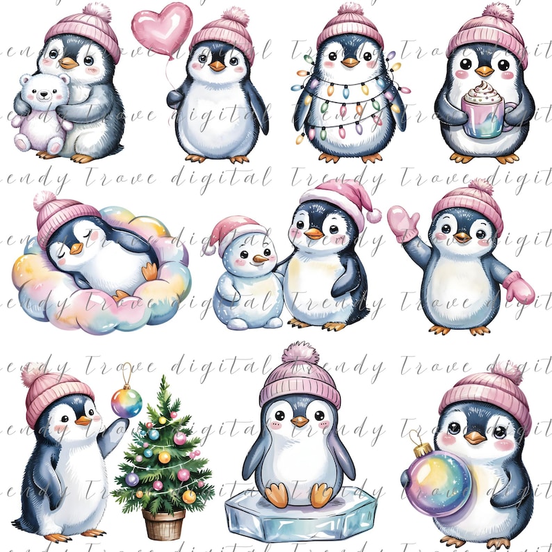 Pink Winter Penguins Clipart: Christmas PNG Graphics (18 Files, Instant ...