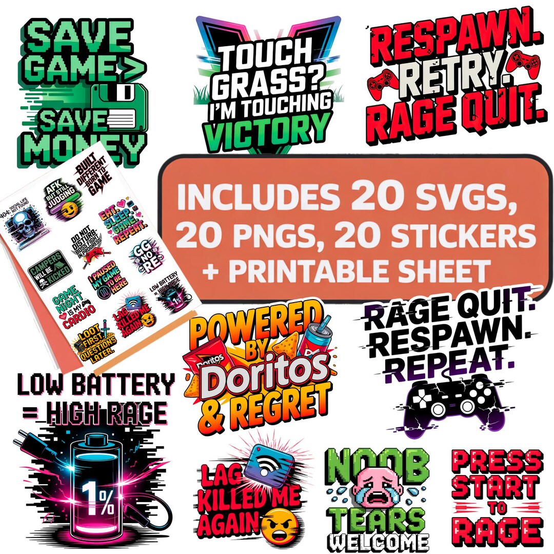 Gamer SVG PNG Bundle, Sublimation Pngs, Funny Gamer Stickers, Game Room Signs, Rage Quit SVG ...