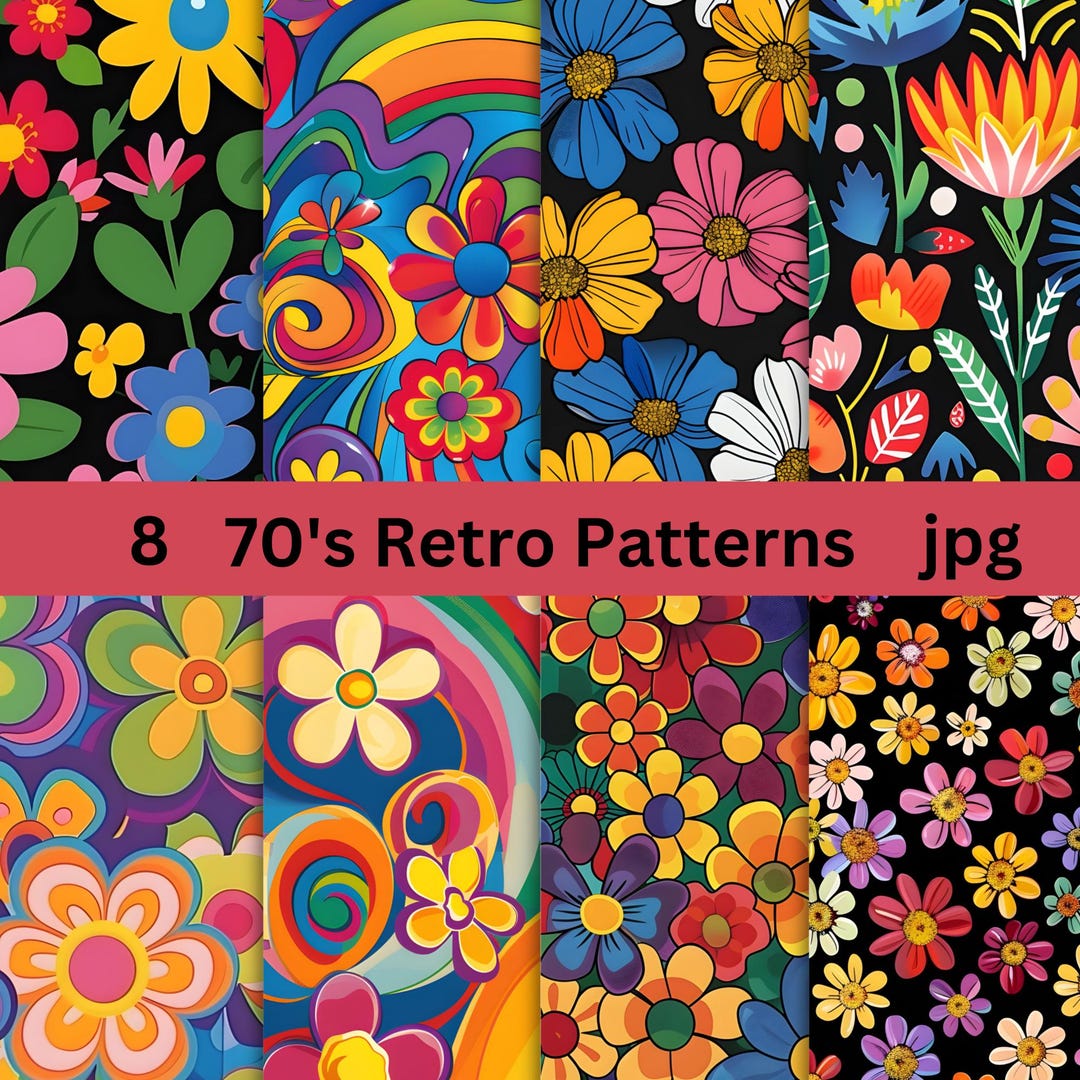 70s Retro Floral Digital Paper, Flower Seamless Pattern, Vintage ...