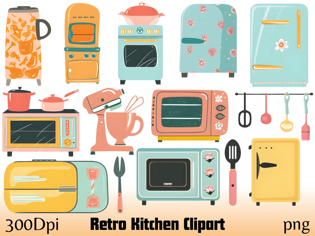 Retro, 70's Kitchen Appliances Clipart, Set of 29 Instant Digital ...