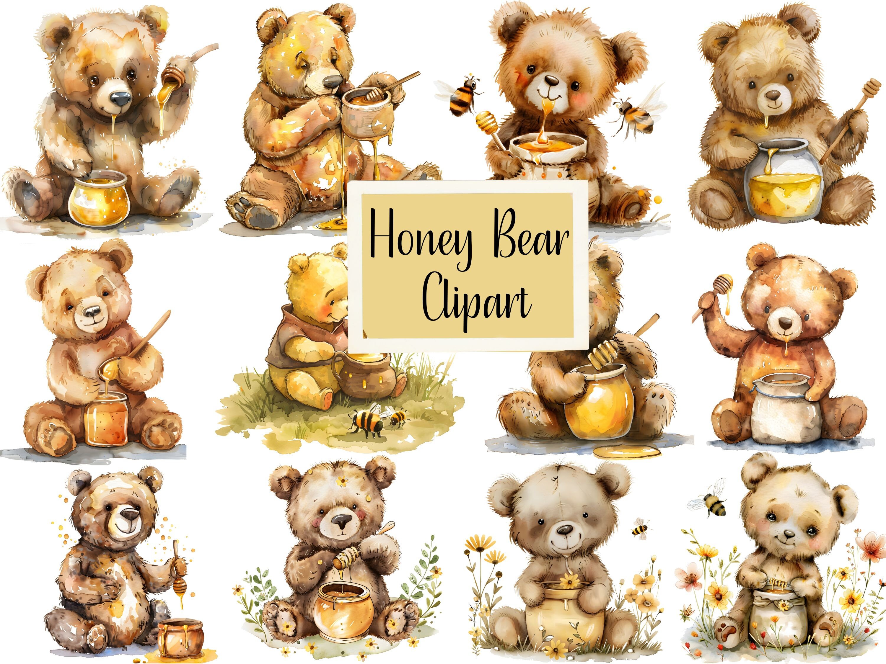 Honey Bear Watercolor Digital Clipart, Bear With Honey Pot Png, Cute ...