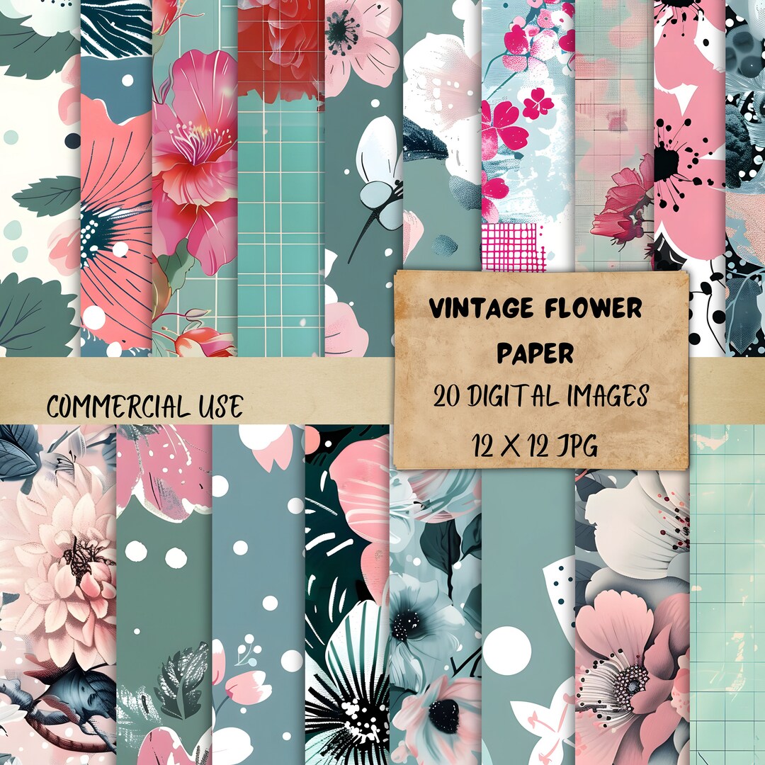 Vintage Flowers Digital Paper, Shabby Chic Digital Paper Pack, Pink ...