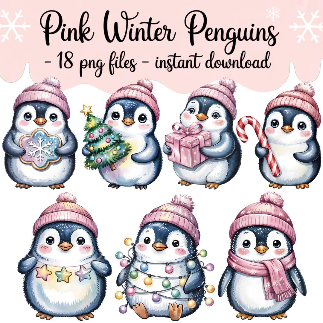Pink Winter Penguins Clipart: Christmas PNG Graphics (18 Files, Instant ...