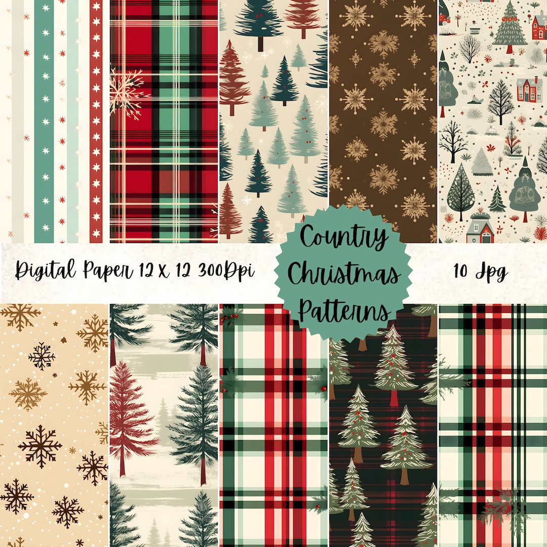 Country Christmas Digital Paper Pack - 10 JPG Patterns in 1 PDF - 300 ...