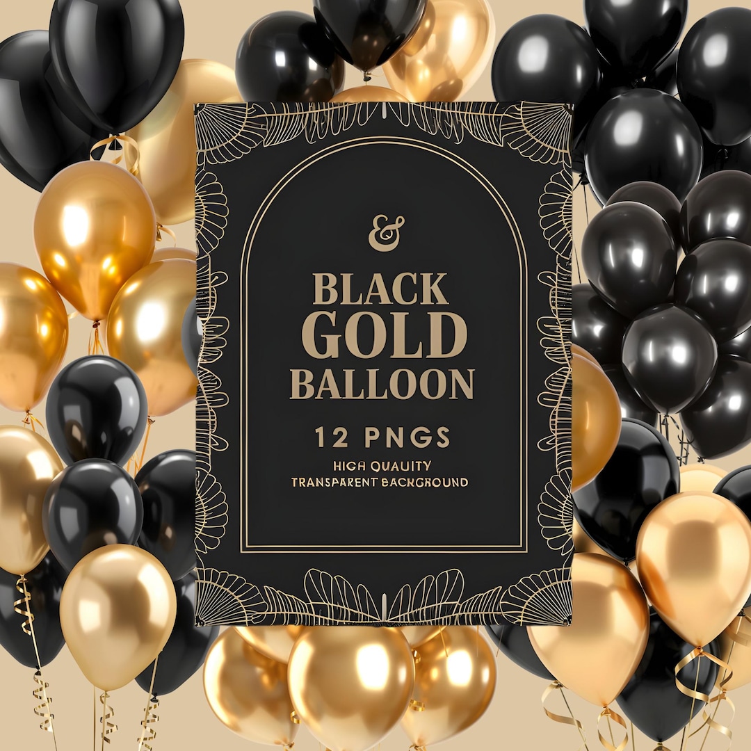 Black and Gold Balloon Clipart: Elegant Party PNG Bundle (digital ...
