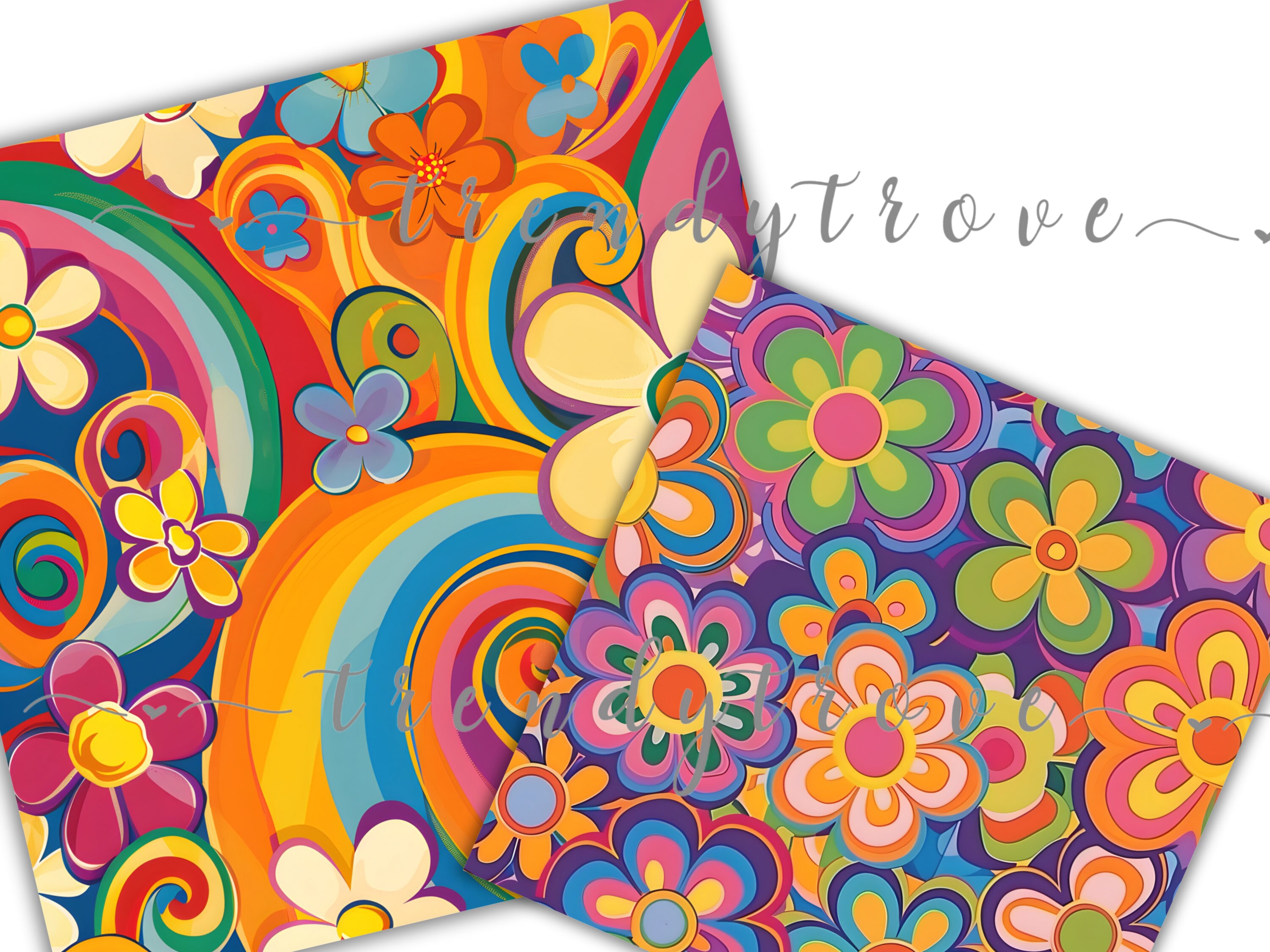 70s Retro Floral Digital Paper, Flower Seamless Pattern, Vintage ...