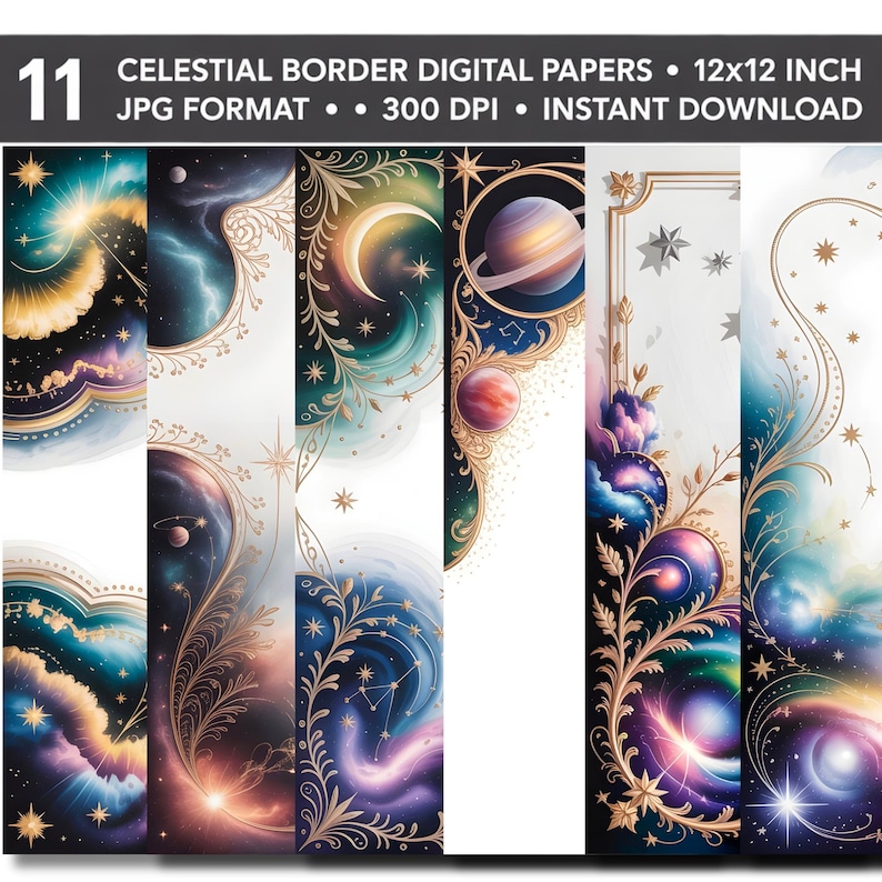 Celestial Digital Paper Pack: Starry Sky Borders, Scrapbook Backgrounds ...