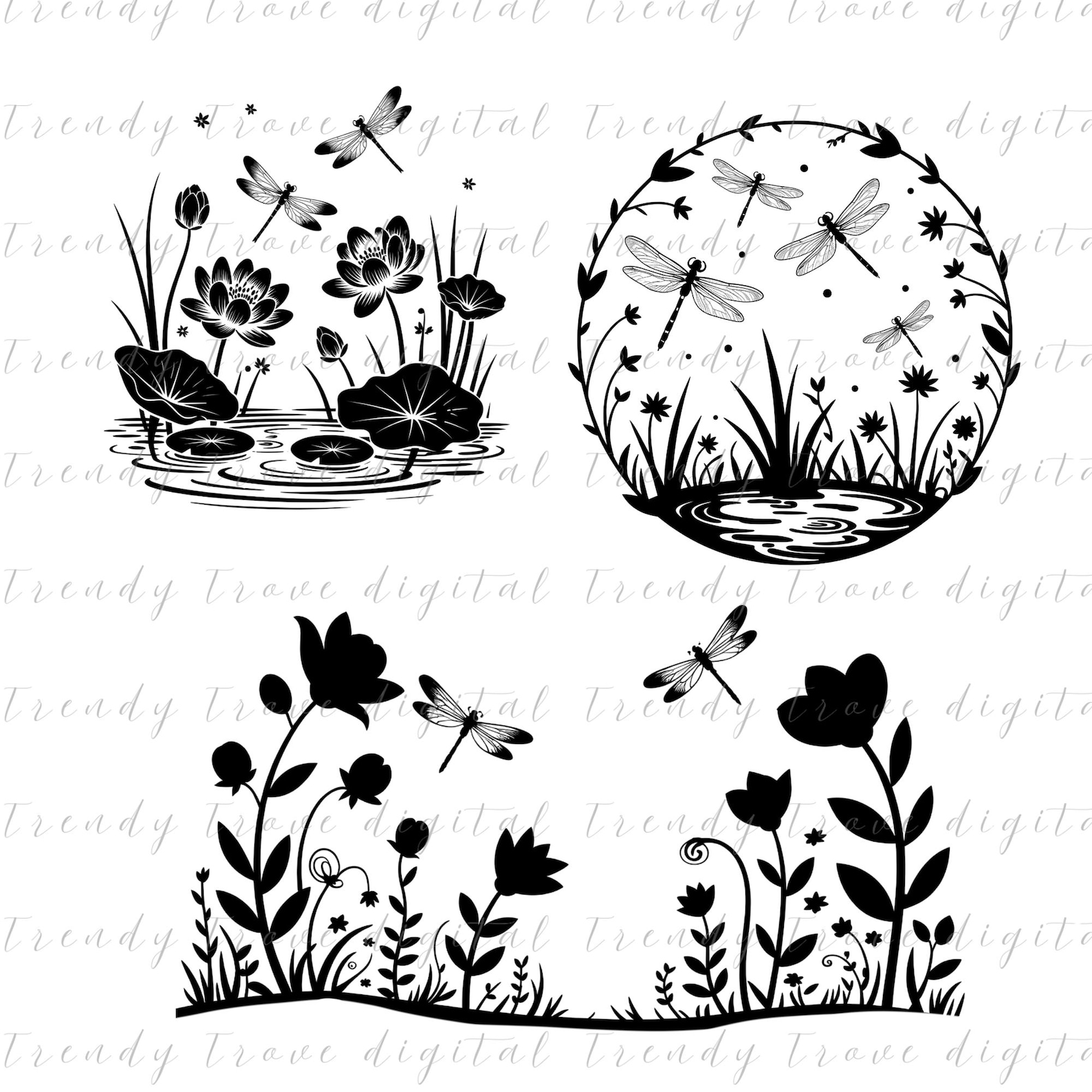 Dragonfly Pond Scene SVG Bundle: Black Silhouette Nature Borders Set - Etsy