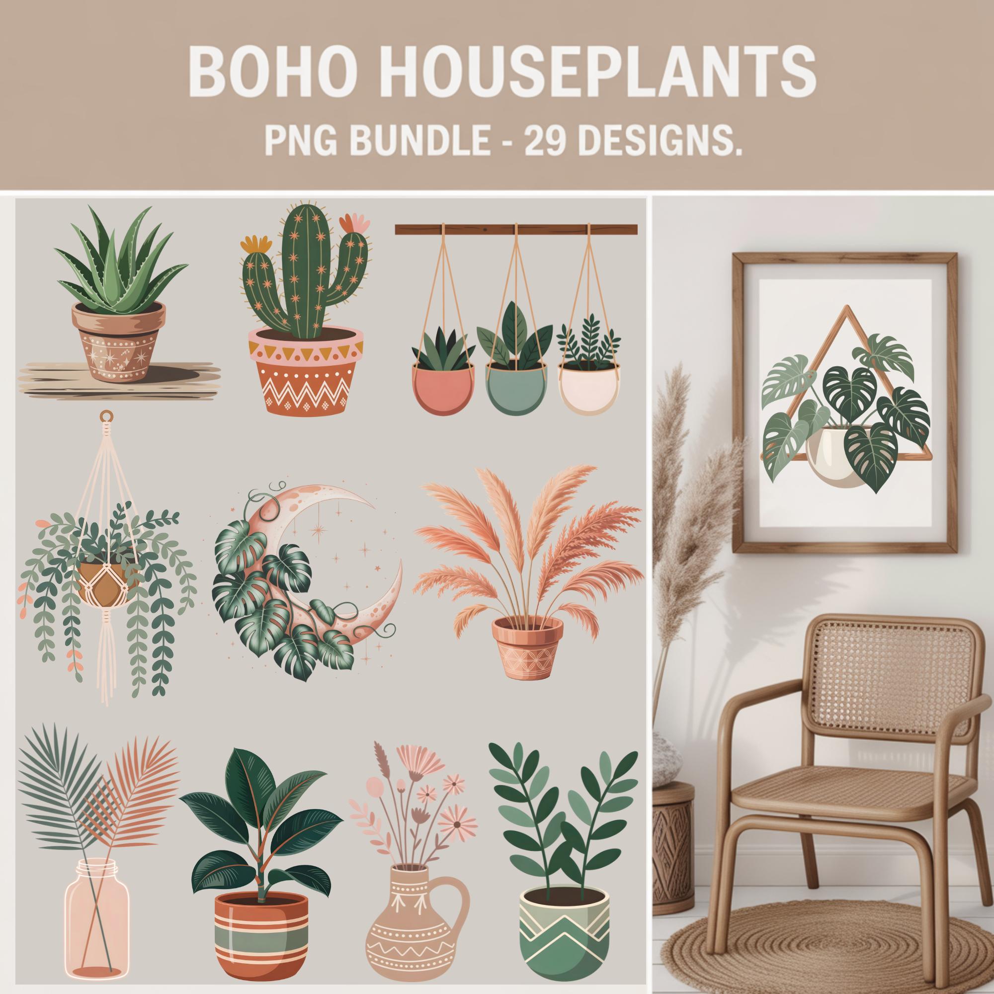 Boho Houseplants PNG Clipart Bundle: Earthy Plant Illustrations ...