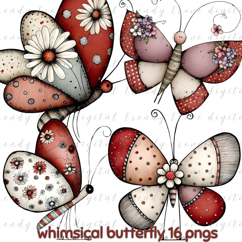 Whimsical Butterfly Clipart PNG Bundle, Floral Butterfly Illustrations ...