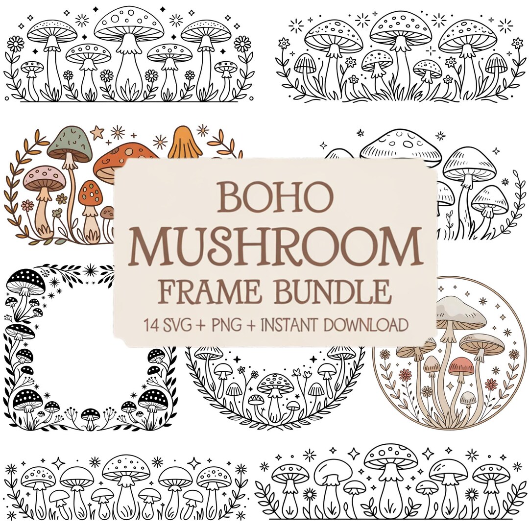 Boho Mushroom Borders & Frames: Forest Clipart Bundle (SVG, PNG ...