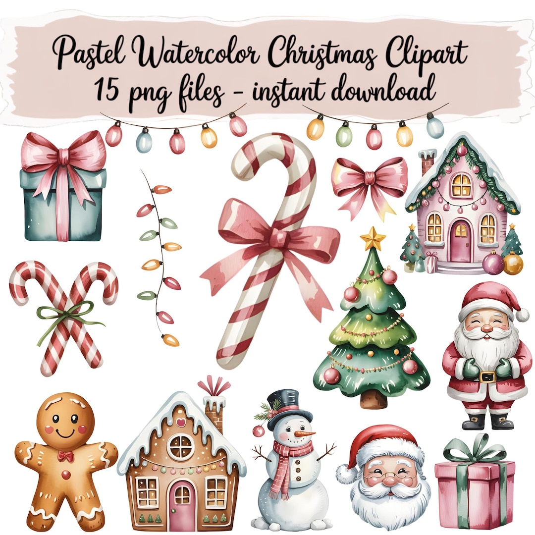 Pastel Christmas Clipart: Watercolor Holiday Graphics (15 PNG Files) - Etsy