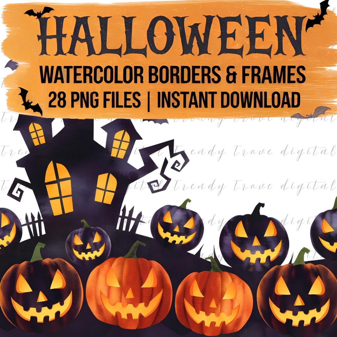 Halloween Watercolor Borders, Frames, Spooky Invitation PNG, Haunted ...