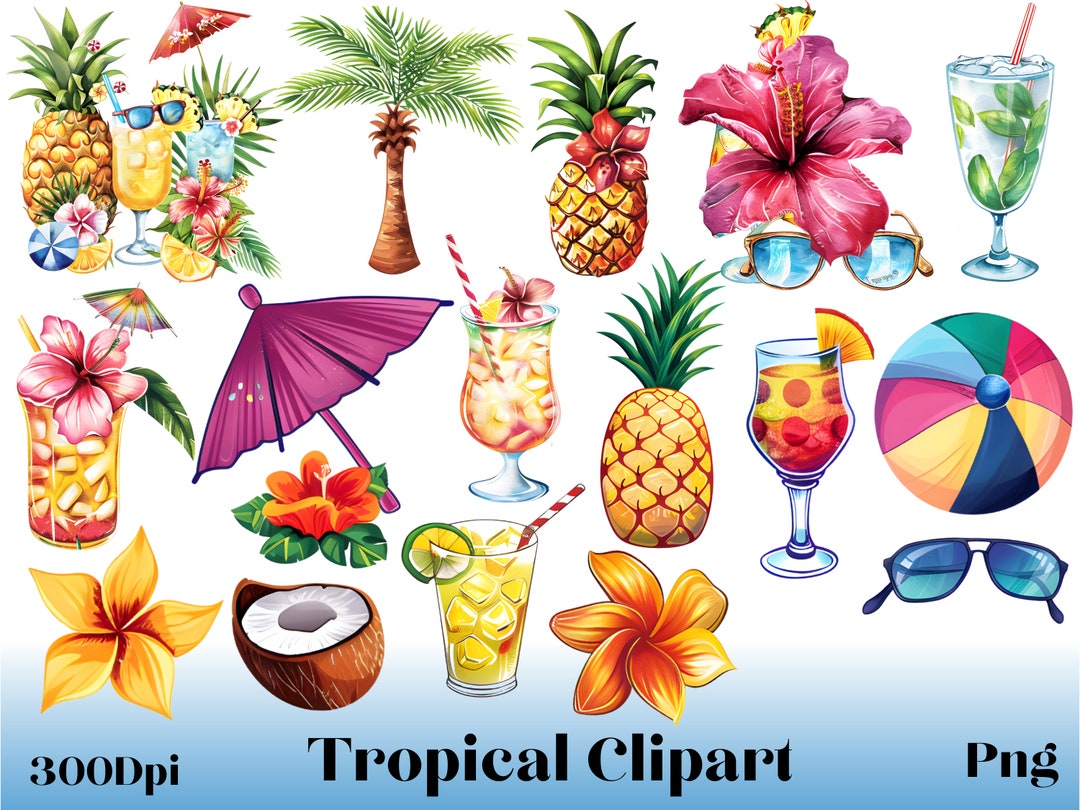 Tropical Beach Summer Clipart, Set of 32 Png Files for Commercial Use ...