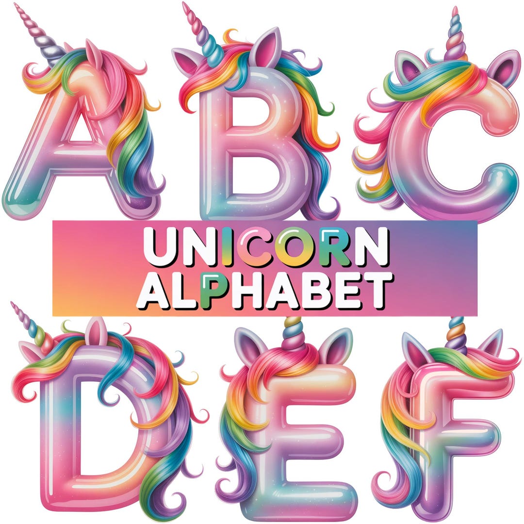 Unicorn Alphabet PNG Bundle: Pastel Rainbow Letters Clipart (digital ...