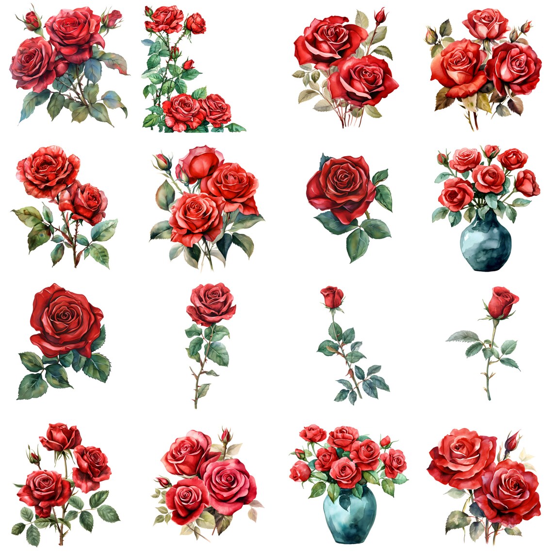 Watercolor Red Roses Clipart, 50 Rose Bundle, Single Rose, Rose Borders ...