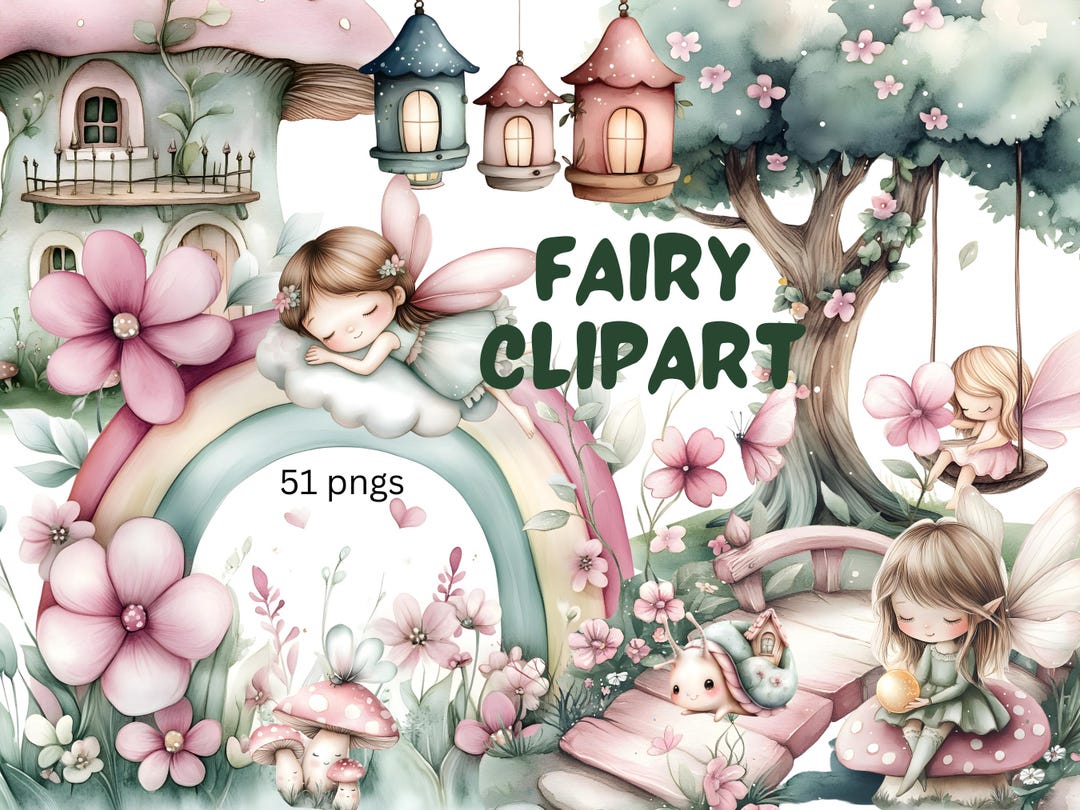 Watercolor Fairy Clipart PNG Bundle: Cottagecore Fairyland Graphics ...