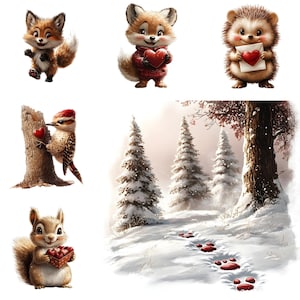 Valentine’s Woodland Animals Clipart, Cute Forest Creatures, Winter ...