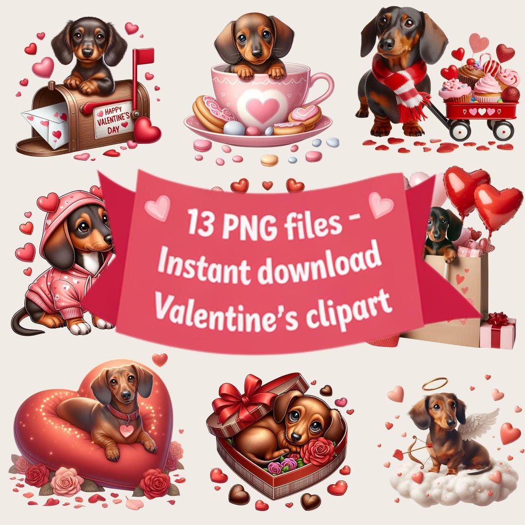 Valentine Dachshund Clipart PNG Bundle, Dog Lover Art (instant Download ...